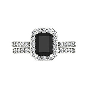 2.20ct Emerald Cut Halo Solitaire Natural Black Onyx Engagement Promise Anniversary Bridal Ring Band set 14k White Gold 9