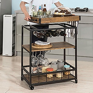 Haotian FKW56-N, Bar Serving Cart, Home Myra Rustic Mobile Kitchen Serving cart with Removable Tray, Industrial Vintage Style Wood Metal Serving Trolley (Brown)