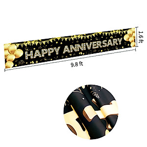 Wedding Anniversary Banner Decorations, Large Happy Anniversary Yard Sign Party Supplies Decor, Black Gold Outdoor 16th/21st/30th/40th Anniversary Decorations Photo Booth Props(9.8 X 1.6ft)