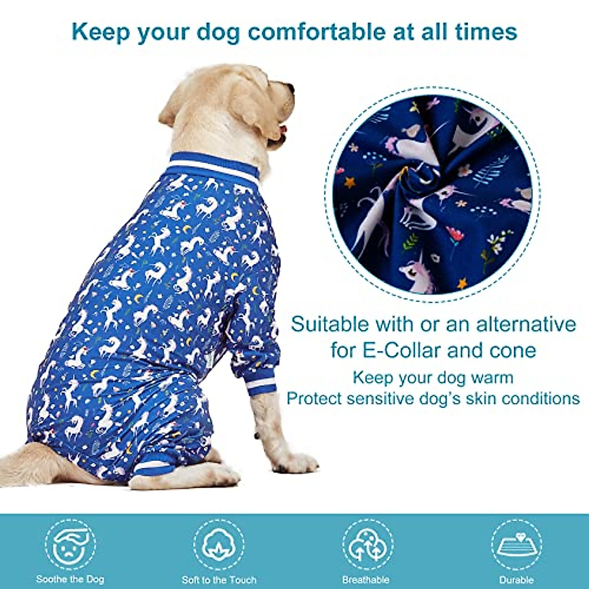 LovinPet Large Dog PJS Clothes: Wound Care/Post Surgery Dog Shirt, Lightweight Stretchy Knit Dog Pajamas, Mermaids & Unicorns Blue and White Print, Large Dog Jammies, Pet PJ's/Medium