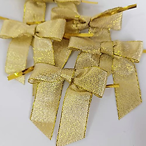 Micomon Metallic Gold Bows for Crafts Pretaied Christmas Bows with Twist Ties Hot Cut Tails for Gift Wrapping Packing Christmas Decoration (Gold,50pcs)