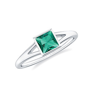 Rosec Jewels Certified Lab Grown Emerald Promise Ring, AAAA Quality, Emerald 5mm Princess Cut Ring - Gift For Her, 14K White Gold, Size:US 6.50