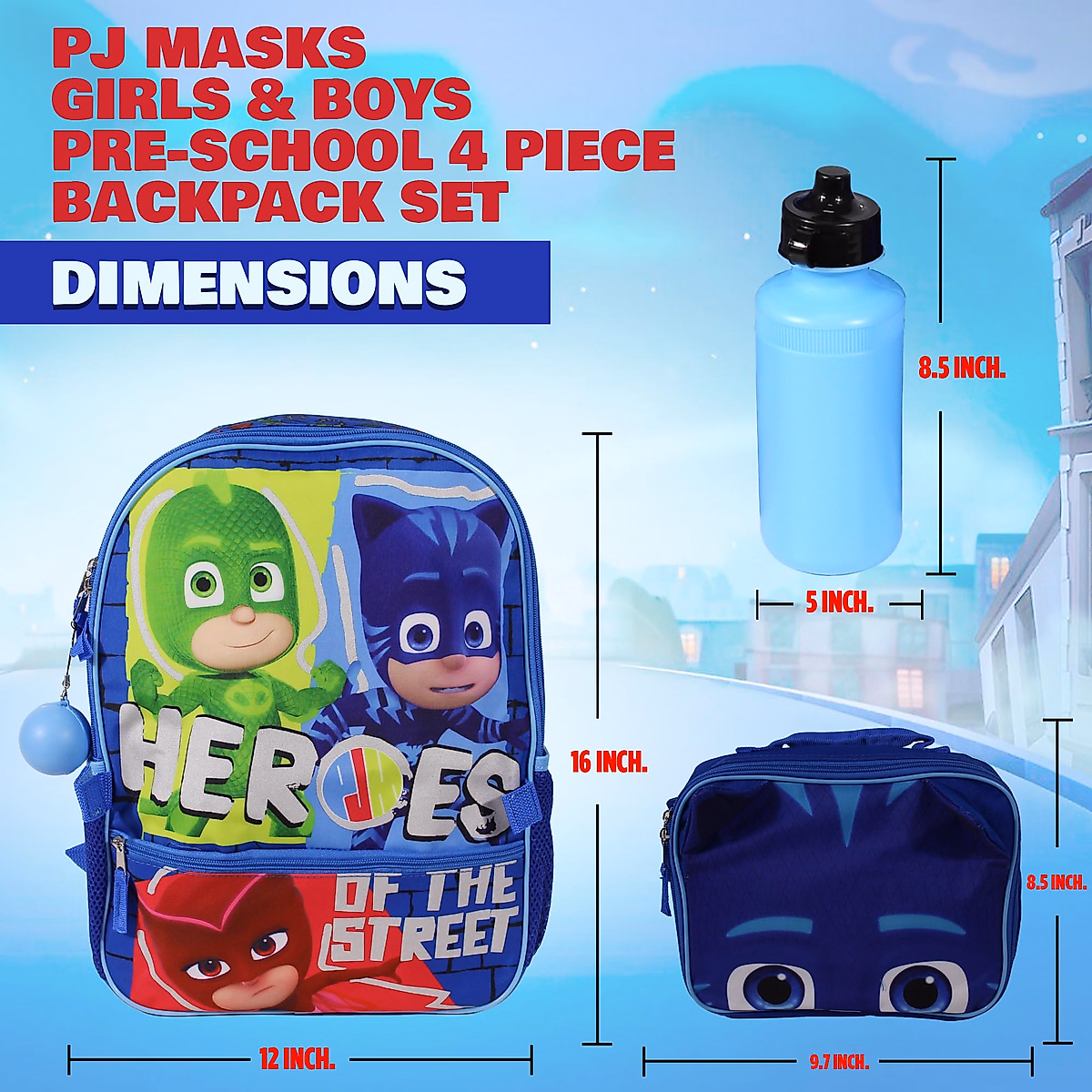 PJ Masks Girls & Boys Toddler 4 Piece Backpack Set for Kindergarten; Catboy, Gekko,& Owlette Travel School Bag w/Front Zip Pocket, Insulated Lunch Box, H2O Bottle, & Squish Ball Dangle