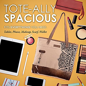 SIXTEASE Tote Bags for Women Large Tote Bag with Zipper Top - Genuine Leather Strap, Upcycled Canvas, Rug, Hair On and Hardware Accents - Vintage Style Hand Stitched - Emblem