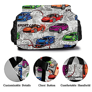 Custom Kid Backpack, Grunge Sport Race Cars Grey Personalized School Bookbag with Your Own Name, Customization Casual Bookbags for Student Girls Boys