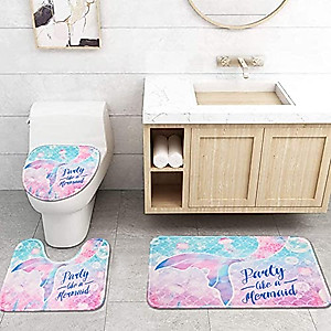 Likiyol 4 Pcs Mermaid Shower Curtain Sets with Non-Slip Rugs, Toilet Lid Cover and Bath Mat, Pink Girls Shower Curtain with 12 Hooks, Ocean Shower Curtains for Bathroom