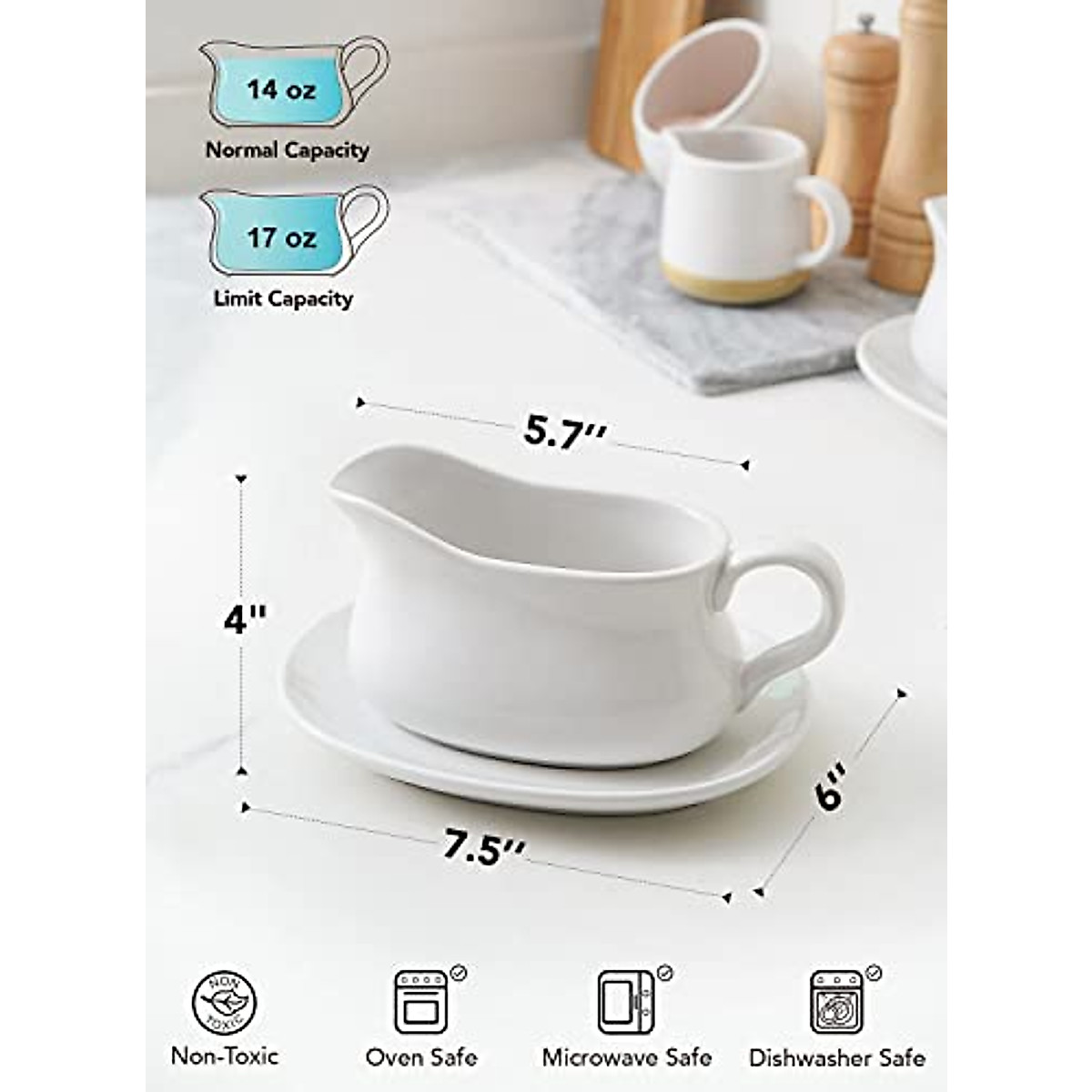 LE TAUCI 17oz Gravy Boat with Saucer Stand, Set of 1, Ceramic Sauce Boat with Tray for Salad Dressings, Creamer, Broth, Black Pepper, WHITE