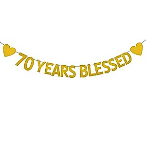 XIAOLUOLY Gold 70 YEARS BLESSED Glitter Banner,Pre-Strung,70th Birthday / Wedding Anniversary Party Decorations Bunting Sign Backdrops,70 YEARS BLESSED