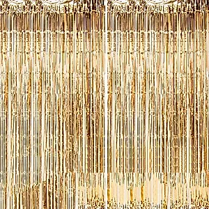 Dazzle Bright 4 Pack Backdrop Curtain, 3FT x 8FT Metallic Tinsel Foil Fringe Curtains Photo Booth Background for Baby Shower Party Birthday Wedding Engagement Bridal Shower (Champagne Gold)