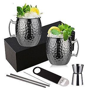Shining Craft Moscow Mule Mugs Set of 2 - Black Plated Hammered Mugs 18 oz/ 550ml With Brass Handle and Stainless, Unlined Cups For Moscow Mule Cocktails and other Chilled Drinks (Black) SC020