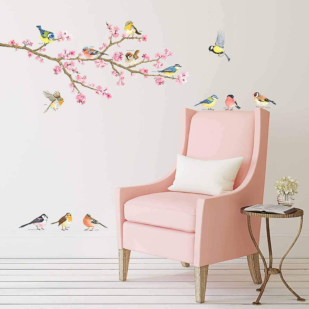 DECOWALL DWL-1904 Cherry Blossom Garden Birds Kids Wall Stickers Wall Decals Peel and Stick Removable Wall Stickers for Kids Nursery Bedroom Living Room d?cor
