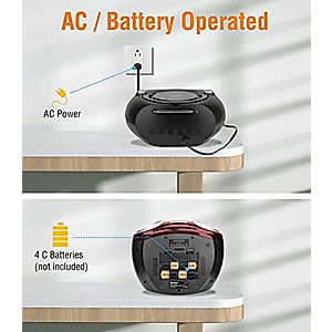 MEGATEK Portable CD Player Boombox with FM Radio, Bluetooth, USB, Aux-in and Headphone Jack, CD-R/RW and MP3 CDs Compatible, Enhanced Stereo Sound, AC/Battery Operated - Cherry Red