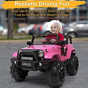 JOYMOR Large Ride on Truck, 12V Kids Electric Battery Powered Car with Remote Control, Motorized Toddler Vehicles Truck Toy, Adjustable Speeds, MP3 Player, LED, Horn (one seat, Pink)