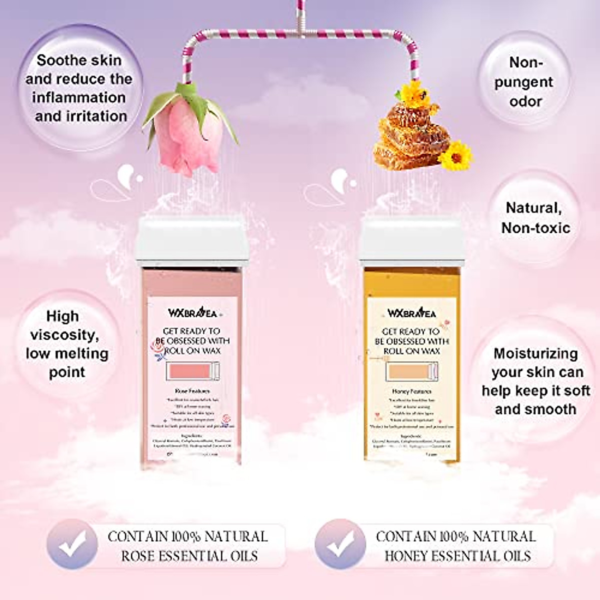 Roll on Wax Kit, WX BRAVEA Wax Roller Roll on Wax Warmer for Hair Removal, Soft Wax Depilatory Wax for Sensitive Skin, 1 Rose Wax&1 Honey Wax for Brazilian Wax, 100 Wax Strips&1 Post Wax Oil for Women and Men