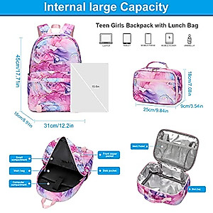 WUUDWALK Girls School Bag Kids' Backpacks Fashion Backpack Teens Bookbag Set,Tie Dye Printed Marble Pattern Backpack with Lunch Bag (Printed marbling of Black)