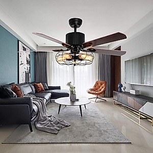 LuxureFan Vintage Industrial Ceiling Fan Light for Restaurant/Living Room with Create Iron Cage Cover Pull Chain/Remote and 5 Reversible Wood Leaves (48Inch)