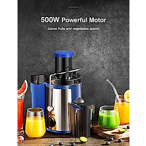 Juicer Machine, 500W Centrifugal Juicer Extractor with Wide Mouth 3” Feed Chute for Fruit Vegetable, Easy to Clean, Stainless Steel, BPA-free, by QCen (Blue)