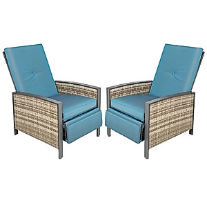Brightpeak 2 Pack Patio Wicker Chaise Lounge Chair, Outdoor Rattan Reclining Pool Chair with Thick Padded Cushion & Adjustable Backrest for Outside, Lawn, Pool (Peacock Blue)