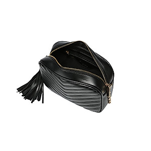 Daisy Rose Quilted Chevron Shoulder Cross Body Bag & Detachable Tassel, PU Vegan Leather - Black