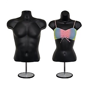 DisplayTown Black Male and Female Mannequin Torso with Metal Stand Hollow Back Body Stackable Dress Form for Tshirt Display, Countertop, Craft Shows, Photos and Design, S-M Clothing Size