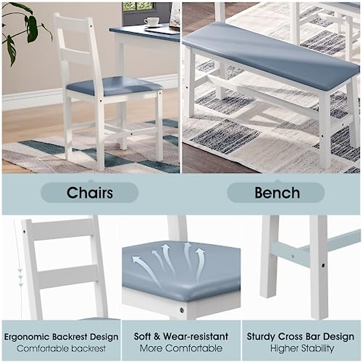 Dining Table Set for 4, 4 Piece Kitchen Table with Chairs and Bench, Wood Rectangular Dining Table Set with 2 PU Leather Chair and Bench for Small Spaces, Apartment, Breakfast, Living Room (Blue)