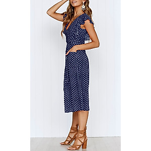 MITILLY Women's Boho Polka Dot Flutter Short Sleeve V Neck Button Down Swing Midi Dress with Pockets Small Dark Blue