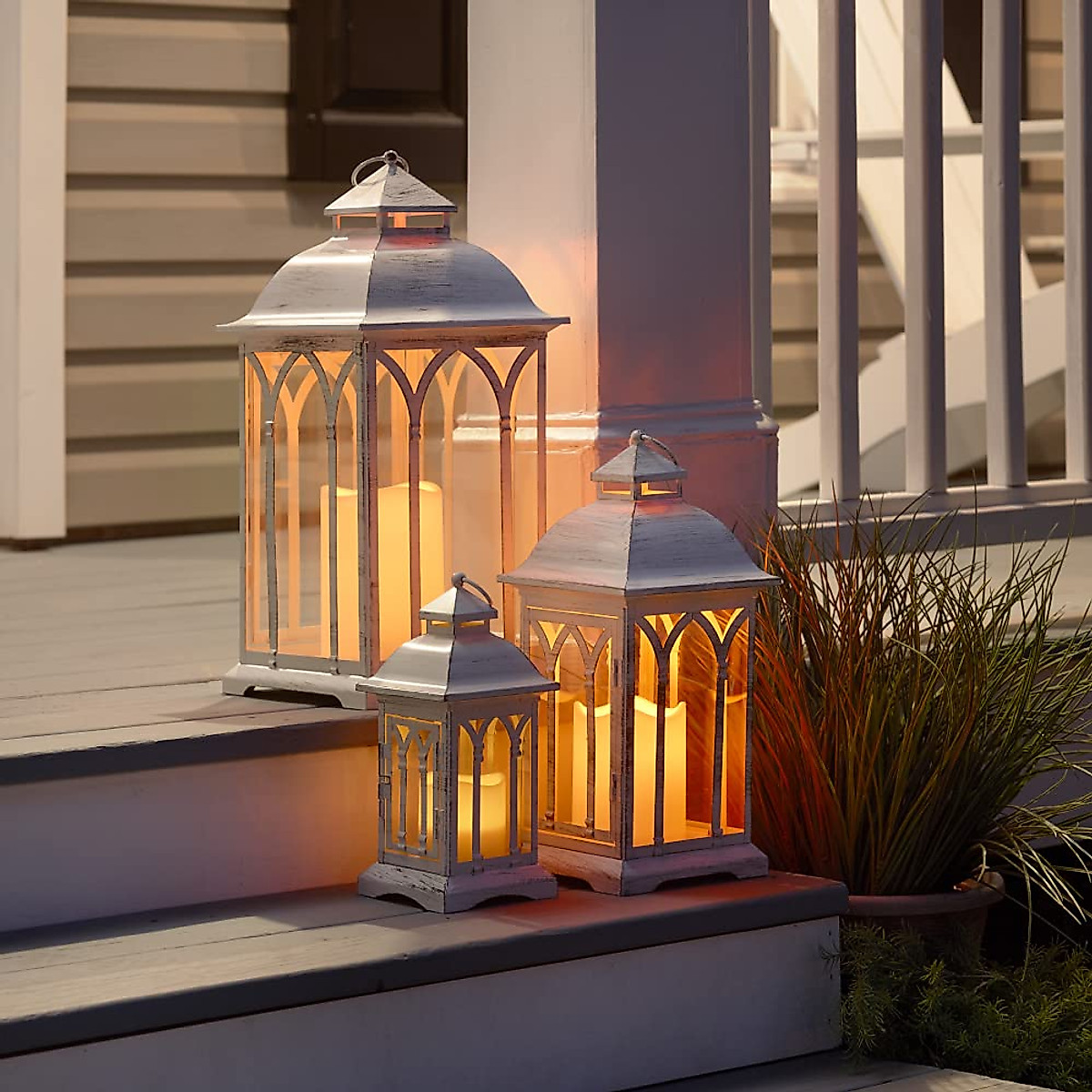 Pebble Lane Living, Lombard Metal Lantern Set of 3, Outdoor-Friendly, 11" H, 15" H, 20.5" H, White