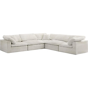 Meridian Furniture 634Cream-Sec5C Cozy Collection Contemporary Fiber Filled Comfort Overstuffed Velvet Upholstered Modular Sectional Seating for 5 Cream