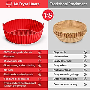 Air Fryer Liners, MIAOKE 8.5 Inch Silicone Air Fryer Liners with Silicone Oil Brush And Anti-Scald Gloves Set Heat Resistant Easy Cleaning Reusable Air Fryer Accessories 5 Pack- (Red/Pink)