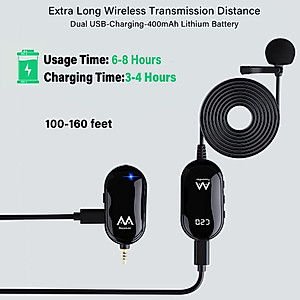 Wireless Lavalier Microphone System Wireless Lapel Mic Micro Rechargeable Recording with Monitor Jack for iPhone iPad Smartphone Camera Laptop YouTube Interview Vlog Video