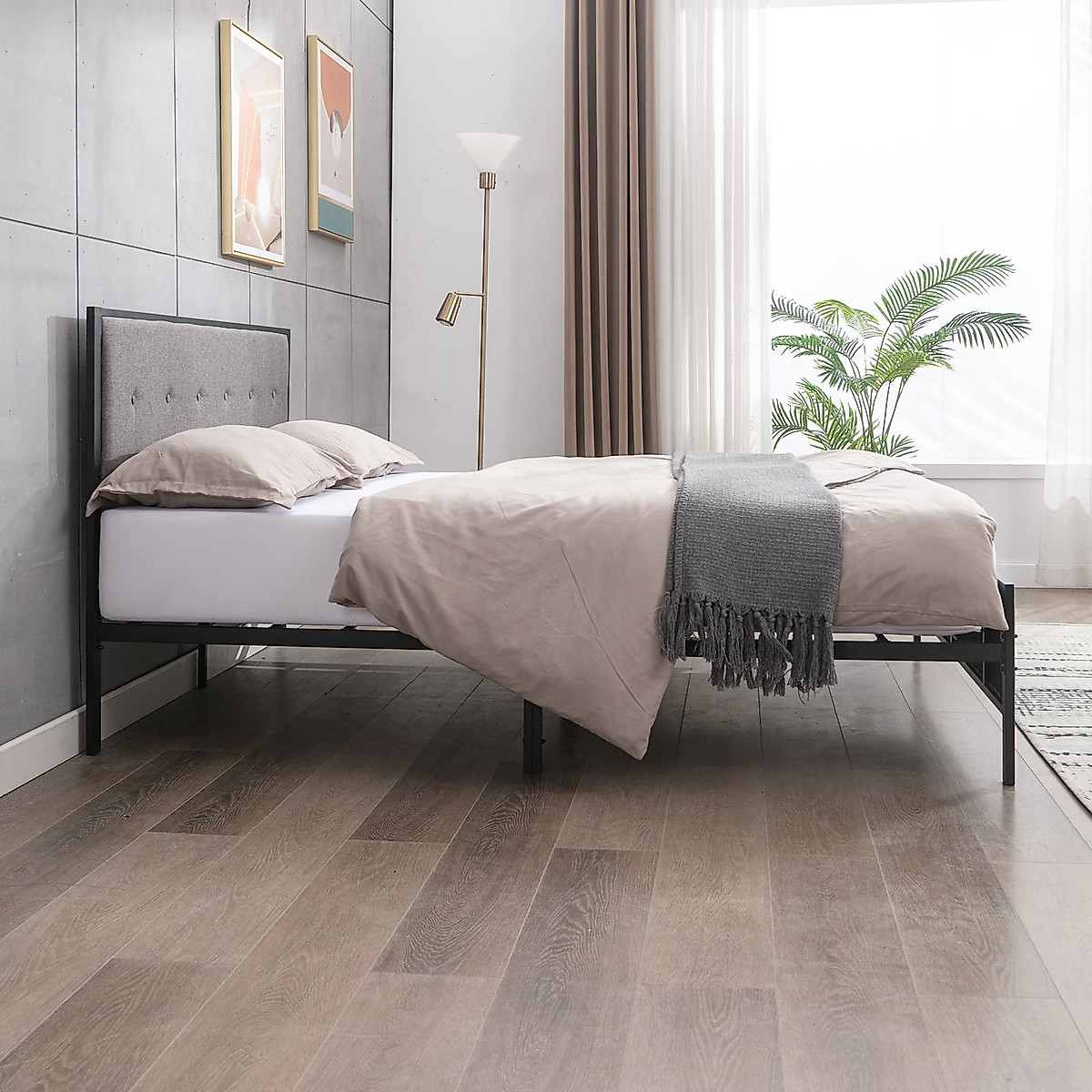 Mixoy Cal King Size Modern Metal Bed Frame with Linen Headboard, Platform Bed with Metal Slat Support, Noise Free, No Box Spring Needed(Cal King/Dark Grey)