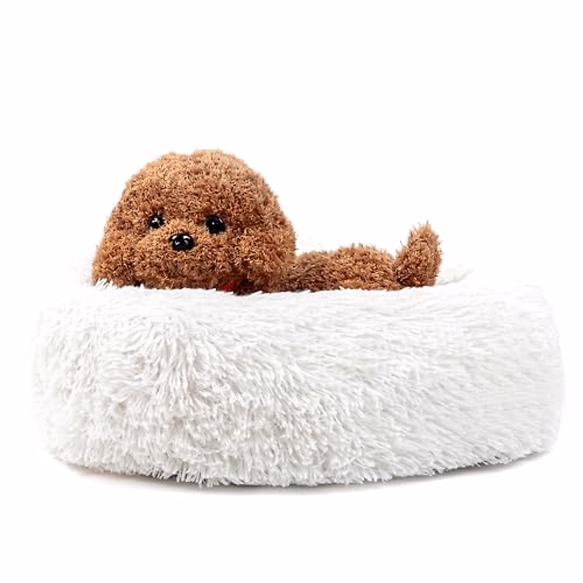 SM4BED Calming Dog Bed for Small Dogs Cats, Kitty Puppy 20'' Round Anti-Anxiety Warm Fluffy Plush Faux Fur Bed, Soft Anti-Slip Donut Washable Small Pet Bed, Fits up to 25 lbs Pets, White