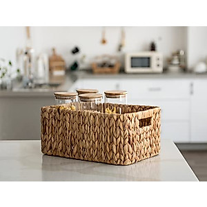 StorageWorks Water Hyacinth Storage Baskets, Square Wicker Baskets with Built-in Handles, Hand-Woven Baskets for Bedroom, Bathroom, Pantry, Shelves, Set of 3 (1PC Large, 2PCS Medium)