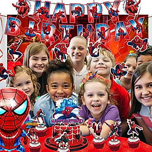 53 Pcs Spidey-men Birthday Decorations Party Supplies Include Happy Birthday Banners, Tablecloths, Cake Toppers ,Cupcake Toppers, Balloons, Hanging Swirls Superhero Birthday Party Supplies