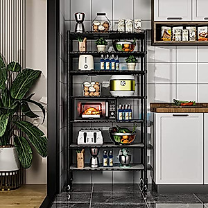 pouseayar 7 Tier NSF Metal Shelf Wire Shelving Unit, 2450lbs Capacity Heavy Duty Adjustable Storage Rack with Wheels & Shelf Liners for Closet Kitchen Garage Basement, 82" H x 48" L x 18" D - Black