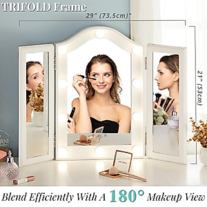LUXFURNI Vanity Lighted Tri-fold Makeup Mirror with 10 Dimmable LED Bulbs, Touch Control Lights Tabletop Hollywood Cosmetic Mirror (White)