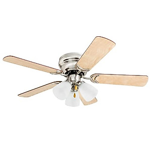 Prominence Home Whitley, 42 Inch Traditional Flush Mount Indoor LED Ceiling Fan with Light, Pull Chain, 5 Dual Finish Blades, Reversible Motor - 50863-01 (Satin Nickel), Bright Brass