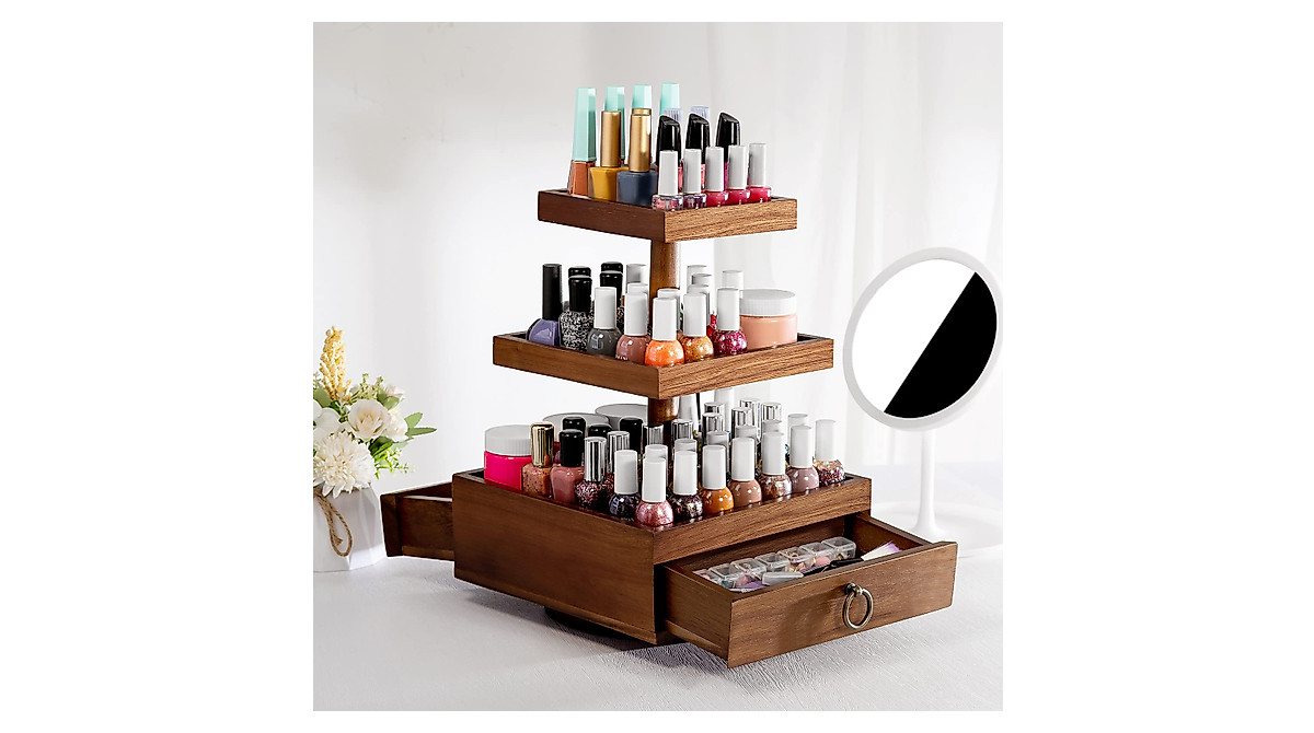GAINWELL Rotating Nail Polish Organizer: 3-Tier & Dual Drawers