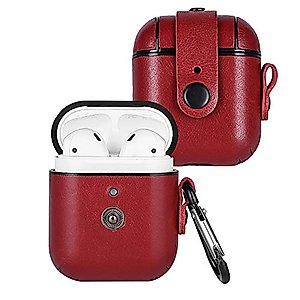 Wilken Apple AirPod Case with AirPod Cleaning Kit | Top Grain Leather Wrapped AirPod Case with Snap Closure System (Red)
