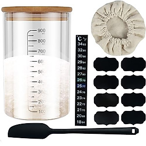 Ghojet 7Pcs Sourdough Starter Jar Kit with Scale 900ml Reusable Sourdough Starter Container with Bamboo Lid Multipurpose Wide Mouth Glass Sourdough Fermentation Jar for Sourdough Baking(Combination)