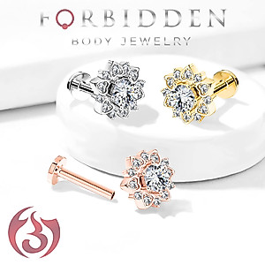 Forbidden Body Jewelry 16g 8mm Internally Threaded Cartilage, Tragus, Labret, Monroe Stud w/CZ Floral Top, Rhodium Plated