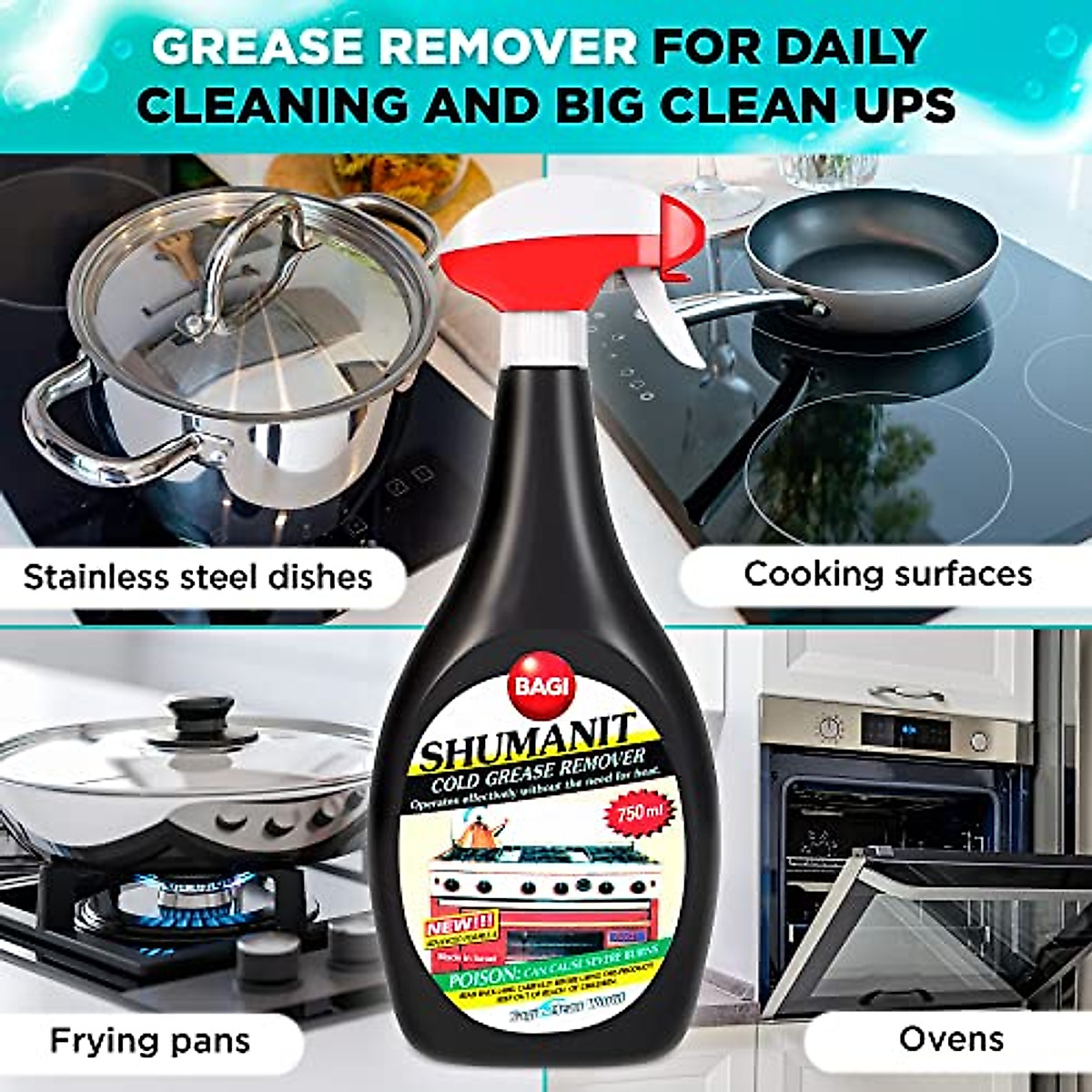 BAGI SHUMANIT - Cold Grease Remover. Spray for The immediate Removal of Stubborn and Burnt fats/Grease
