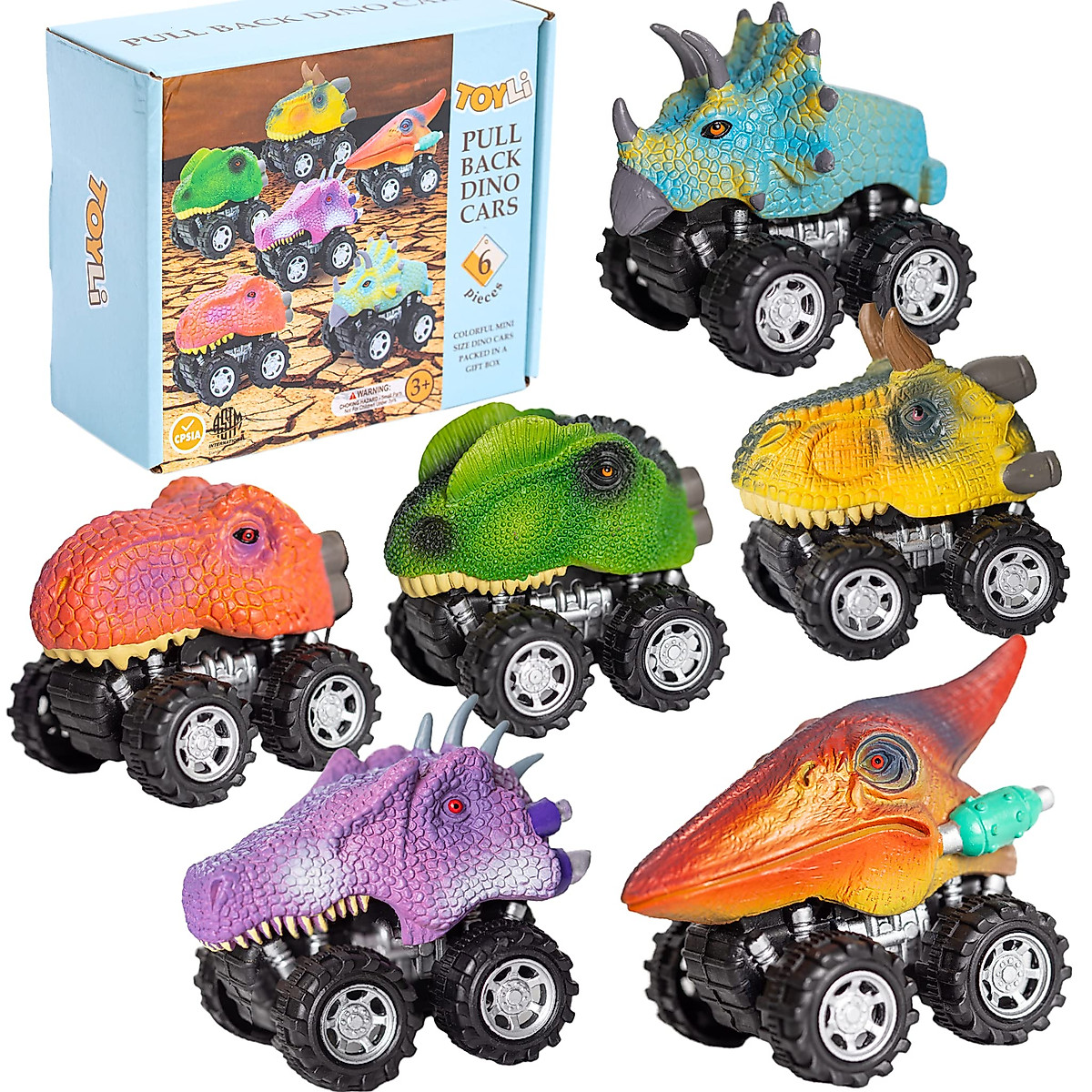 TOYLI 6 Pack Pull Back Dino Cars - Dinosaur Car Toys for Kids, Dinosaur Car, Pull Back Dinosaur Cars 6 Pack