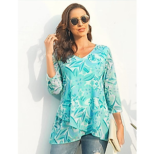 SeSe Code Womens Tunic Tops, 3/4 Sleeve Shirt Dressy Casual Blouse For Wedding Flattering Top To Hide Tummy Semi Formal Ladies Dress Shirts Elegant Purple Large