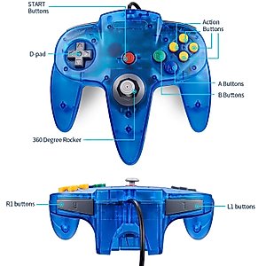 2 Pack Classic N64 Controller, kiwitatá Retro N64 Wired Joystick Replacement Game Pad Remote Controller for N64 Console Clear Blue