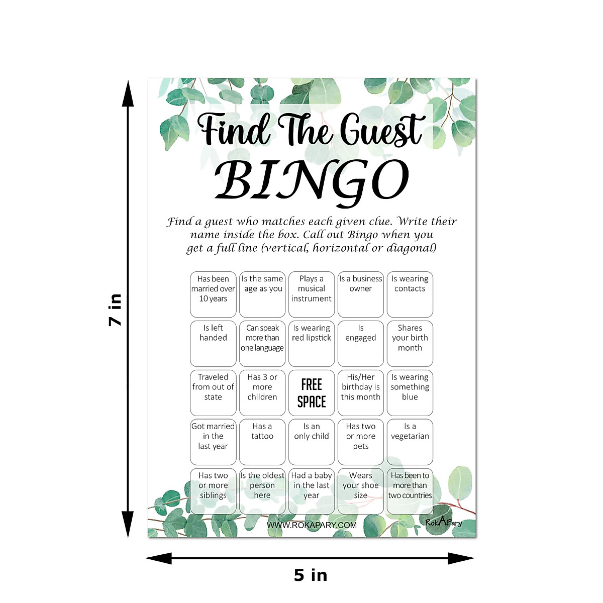 RokAPary Eucalyptus Theme Find The Guest Bingo Game, Wedding, Bridal Shower, Bachelorette or Engagement Party Game, Event Activities Play Pack of 50 Cards 5”x7” Made in USA