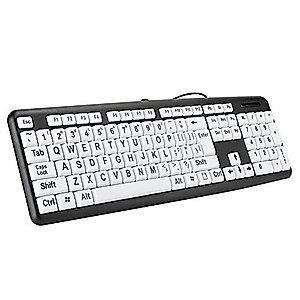 Large Print Computer Keyboard, 104 Keys Standard Full Size USB Wired with Foldable Stands, High Contrast Black and White Keys Perfect for Low Vision, Seniors and Those Just Learning to Type