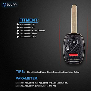 ECCPP for honda accord key fob Uncut Keyless Entry Remote Car Key Fob for 07 08 09 10 11 12 13 14 15 honda key fob CR-Z CRV FIT Insight Accord Crosstour key fob 313.8MHz MLBHLIK-1T (Pack of 2)