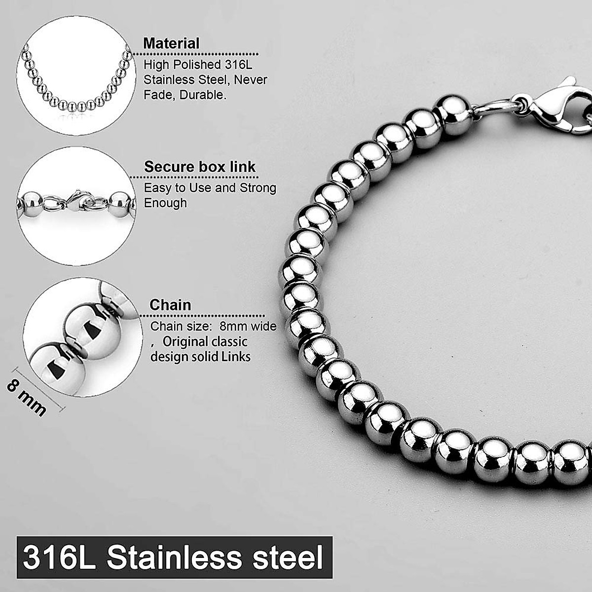 Jewelry Kingdom 1 Necklace for Women and Men, Beaded Chain Stainless Steel, Handmade Jewelry (Thick of 8MM and Length of 18")