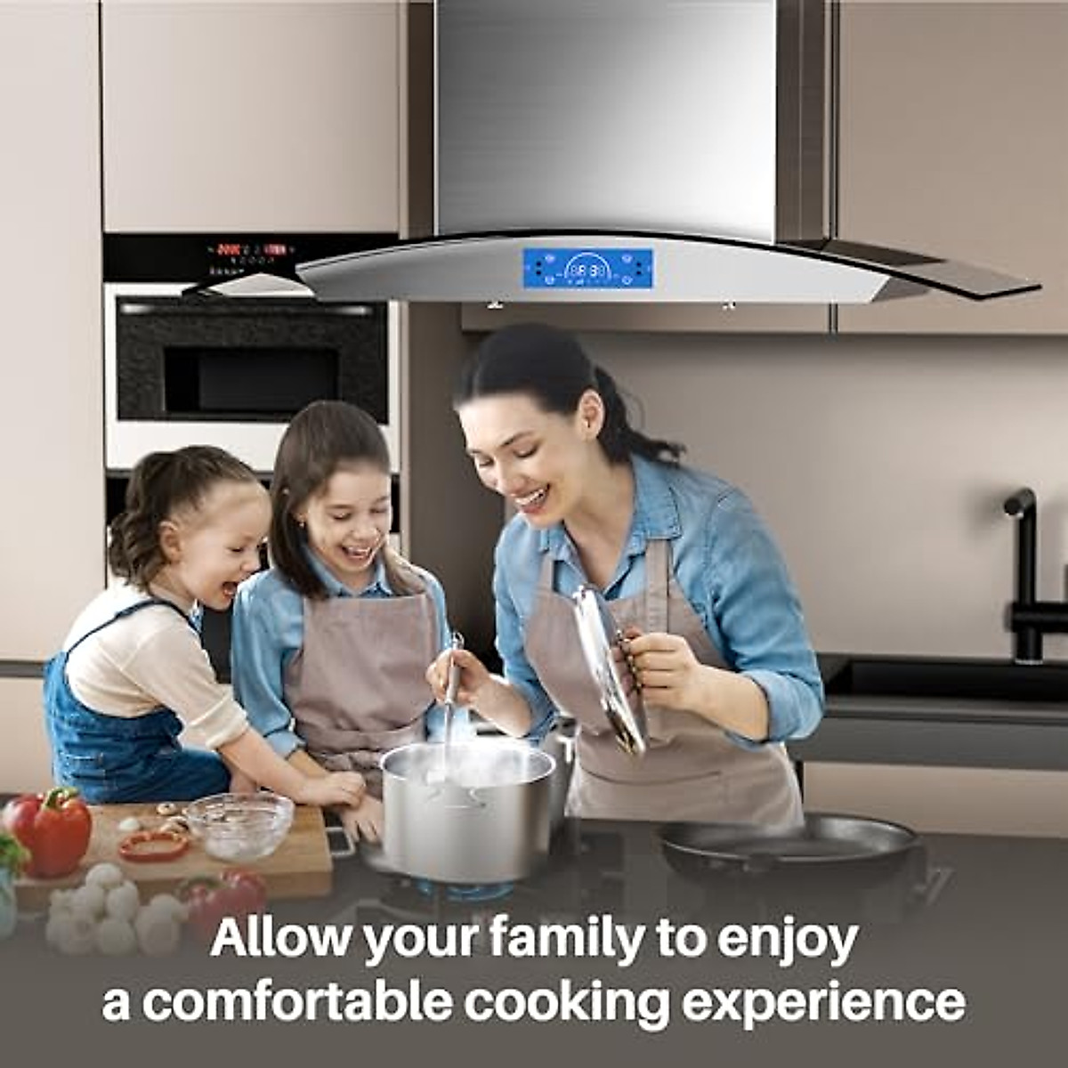 FIREGAS Island Range Hood 30 inch 700 CFM with Chimney, Ceiling Mount Kitchen Vent Hood with Tempered Glass, 4 LED Lights, Permanent Filters, Premium Touch Control Panel, Includes Charcoal Filter